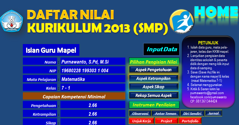 Aplikasi Daftar Nilai Siswa Excel Kurikulum 2013 Jenjang SMP | Administrasi Tata Usaha Sekolah ...