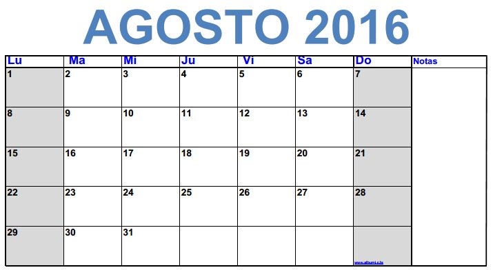 calendario Agosto 2016 para imprimir gratis | 2016 Blank Calendar ...