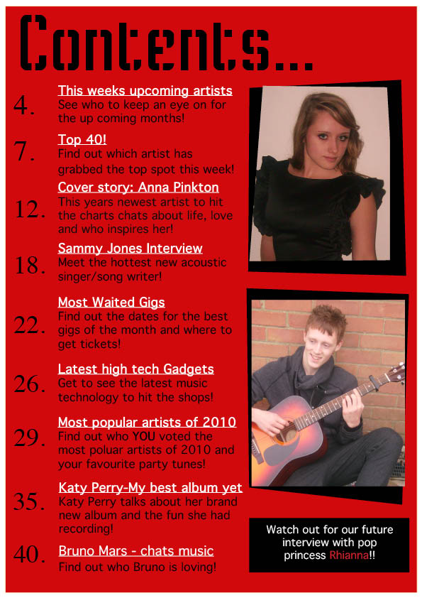 Victoria Bates AS Media Studies: Music Magazine Contents Page!