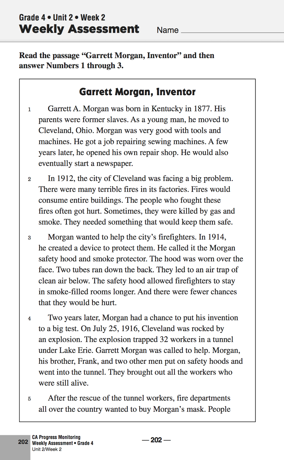 Mr. Garrett's Homework: Garrett Morgan, Inventor - Reading Comprehension