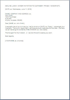 Declining Dinner Invitation Sample Letter