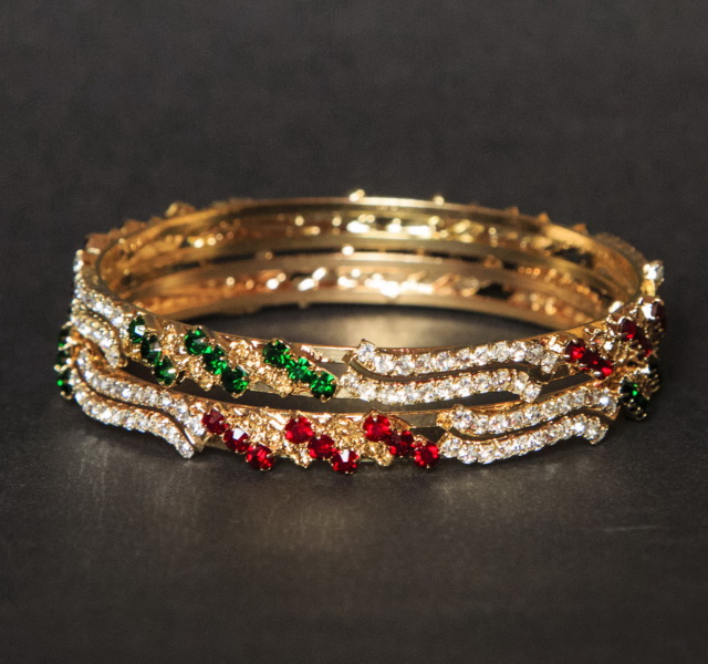 Double layered red and green white stone bangle