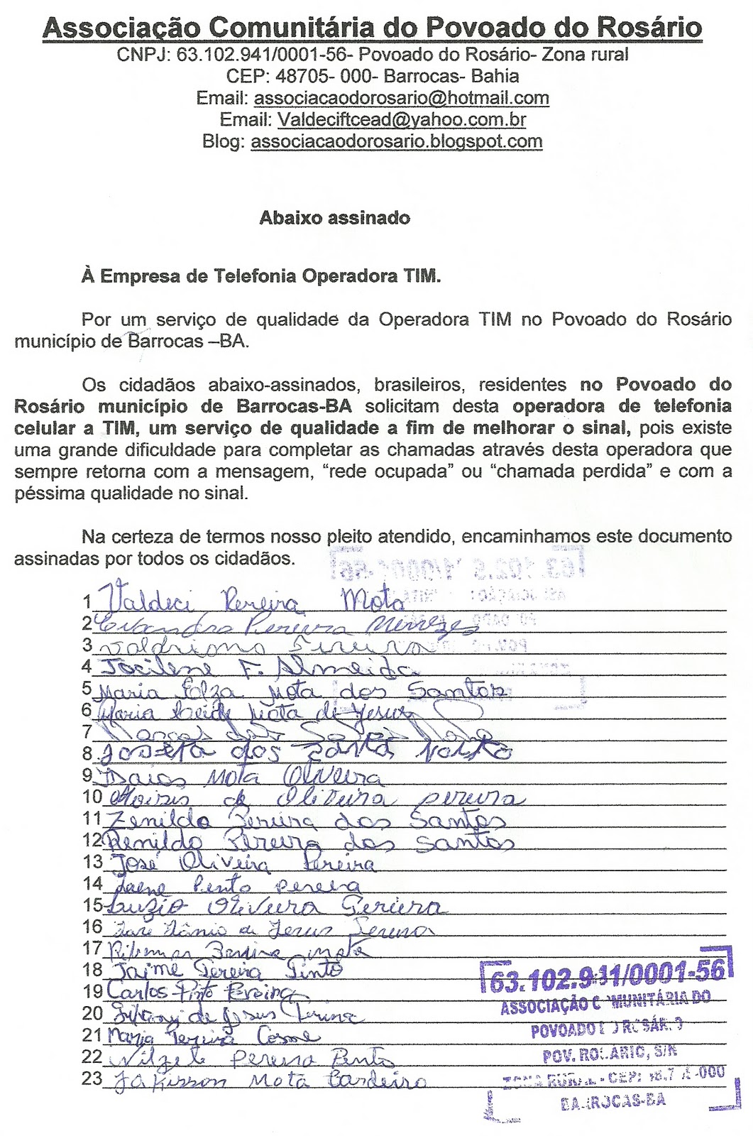 Associação Comunitária Do Povoado Do Rosário Abaixo Assinado Para A