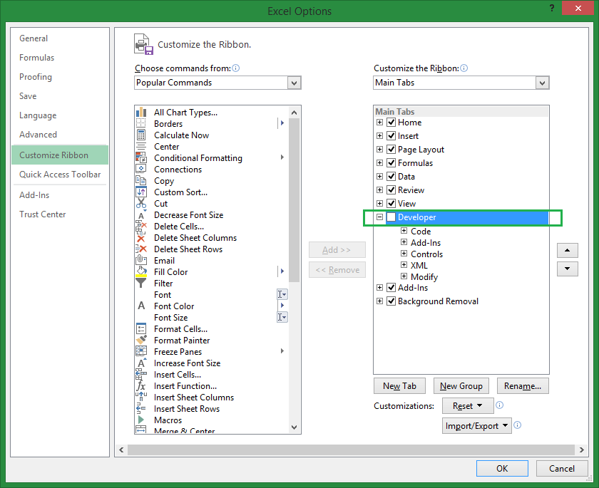 How to add the Developer tab in Excel 2016?