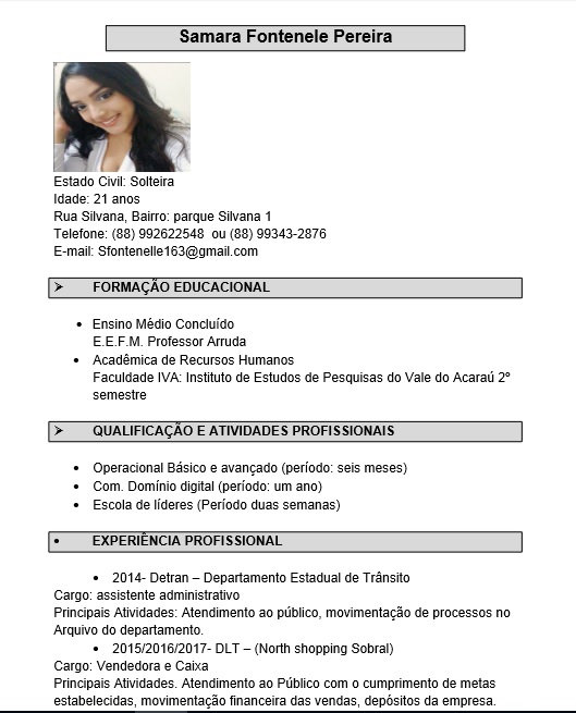 CURRÍCULO DE SAMARA FONTENELE PEREIRA ~ SOBRAL 24 HORAS