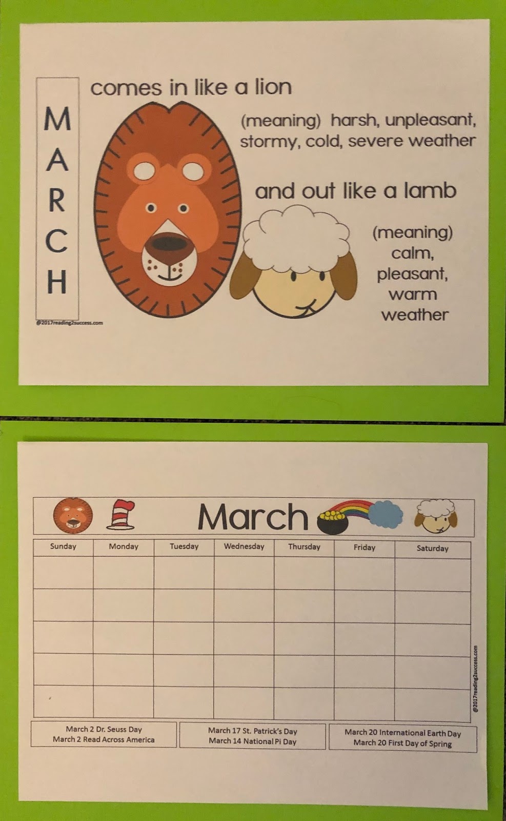 Reading2success: March - Introduction to Similies and a Calendar - In ...