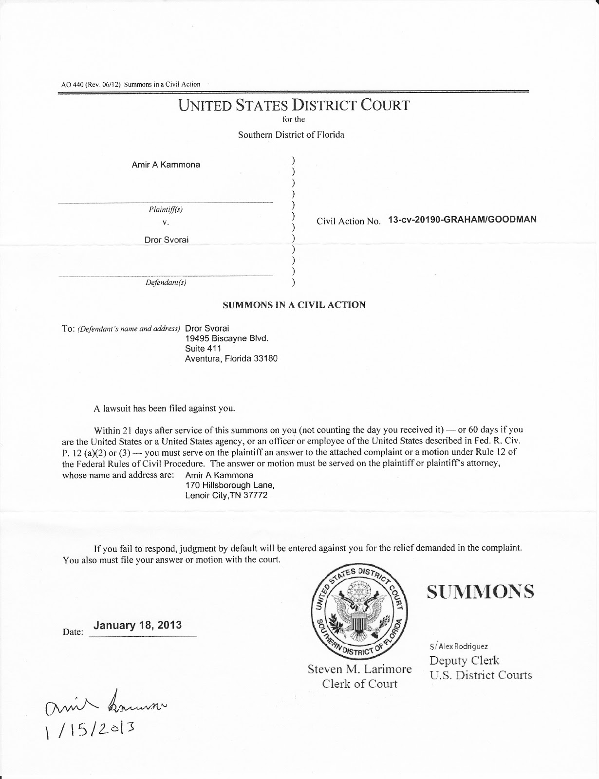 Complaint And Summons: Case No. 13-20190-CIV-GRAHAM/GOODMAN in UNITED ...