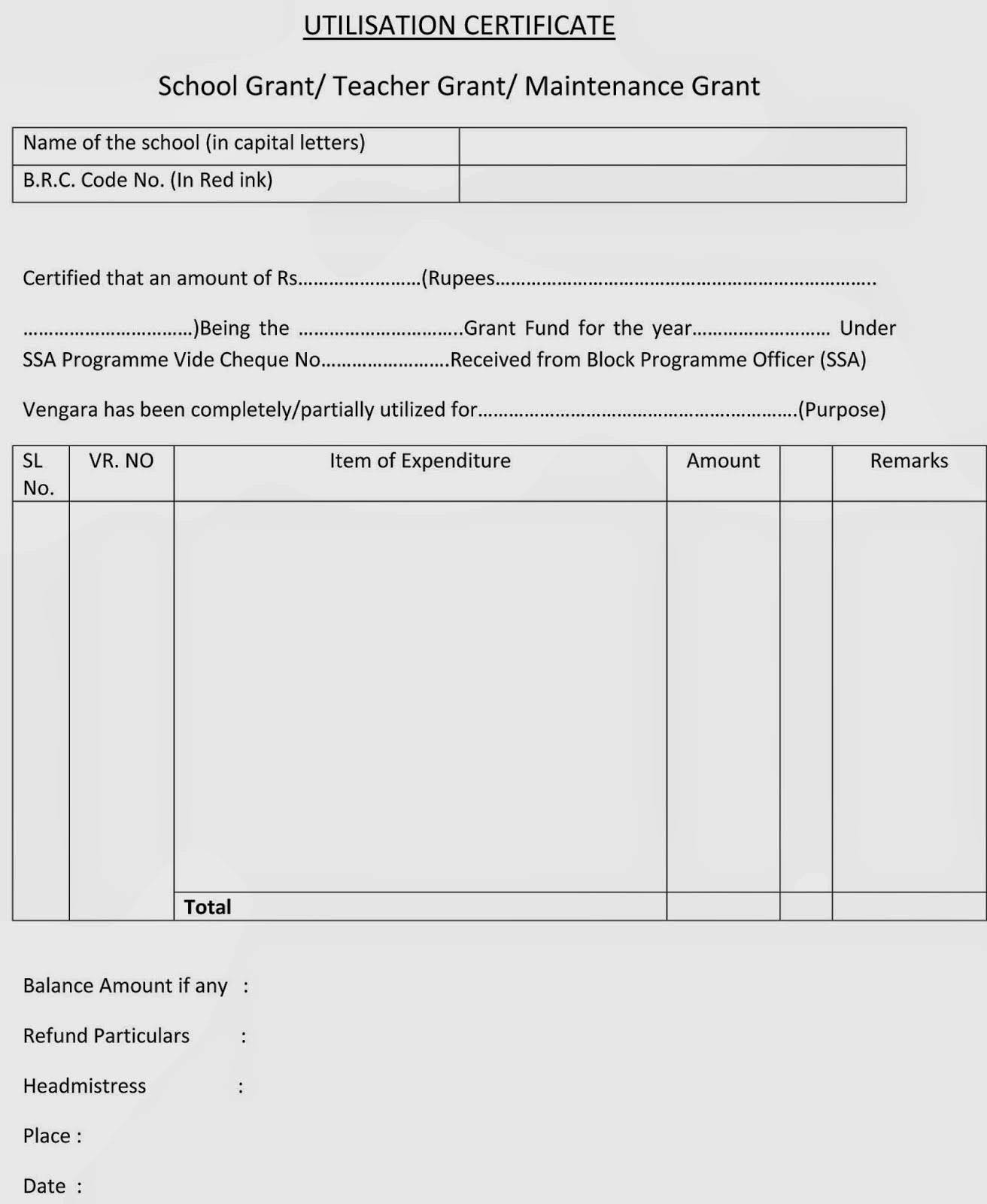 BRC VENGARA: Utilisation certificate