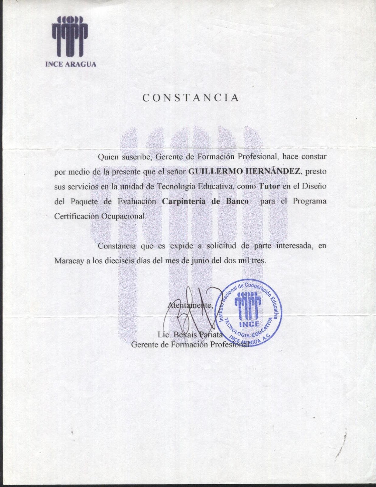 Guillermo Rafael Hernández Díaz: CERTIFICADOS DEL INCE
