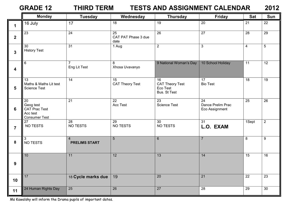 Camps Bay High School: CBHS Grade 12 Tests & Assignments Calendar - 3rd ...