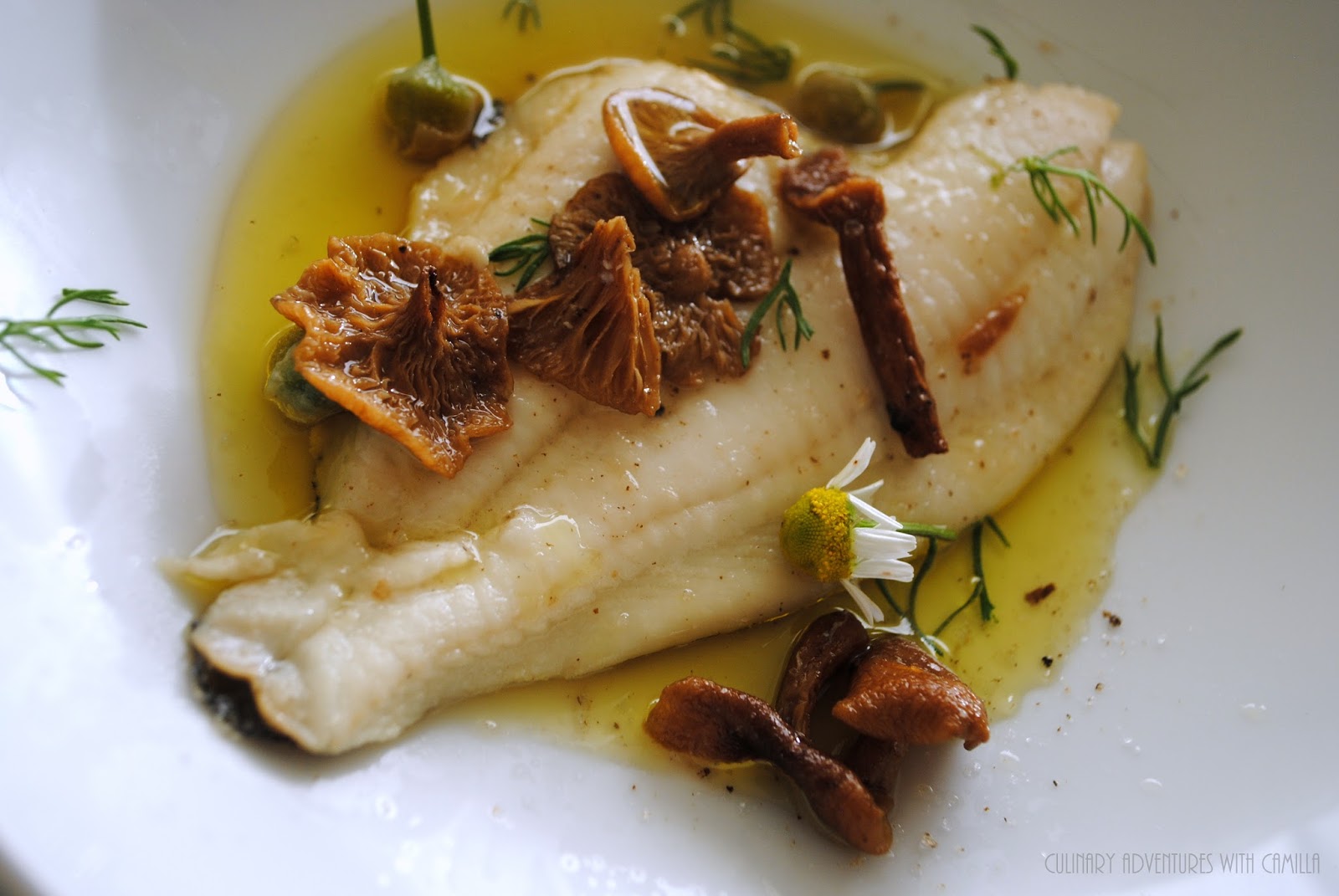 Chamomile-Poached Sand Dabs with Candy Caps #FishFridayFoodies