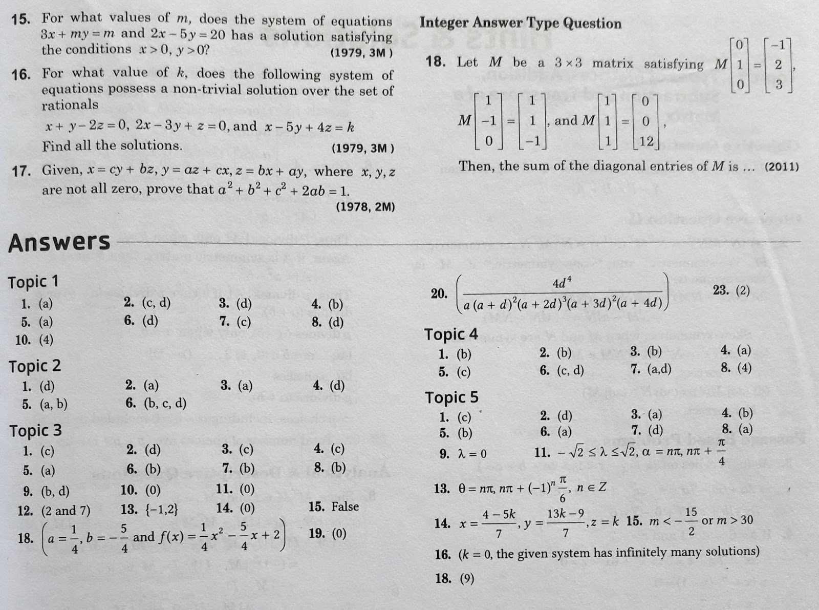 Matrices and Determinants JEE Advanced 38 Year Previous Year Questions ...
