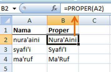 Fungsi PROPER Untuk Text Belakang Tanda Petik