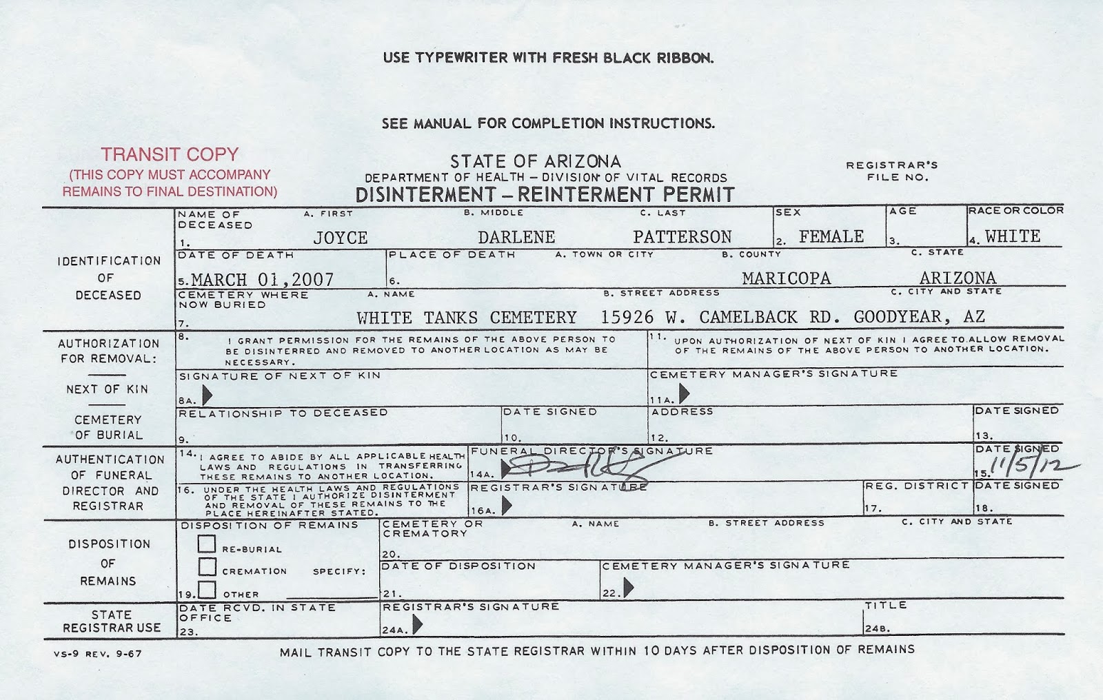 White Tanks Cemetery: Where Families Meet Heartache: Forms for the ...