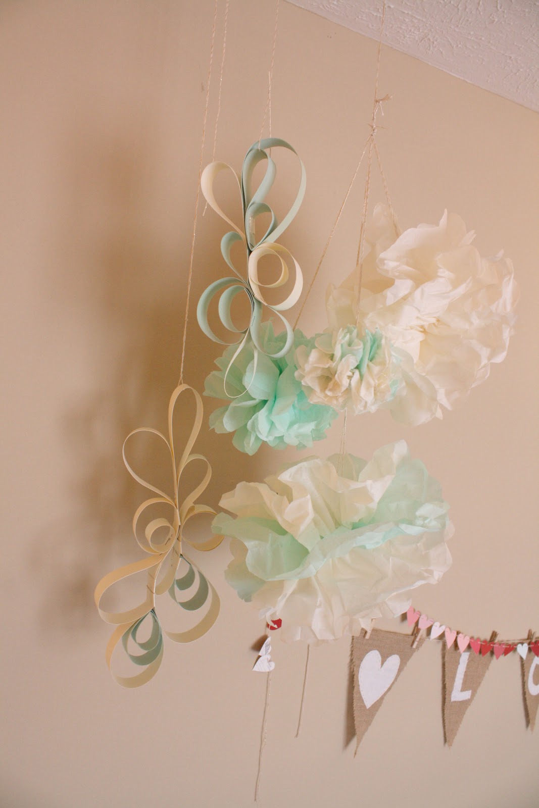 engraved: living room diy part 2: pom-pom mobile, tissue paper puffs ...