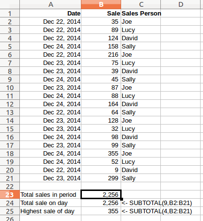 Linux Project: SUM filtered rows in LibreOffice using SUBTOTAL