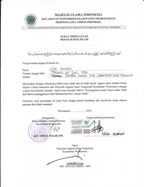 Surat Keterangan Masuk Islam - Contoh Surat