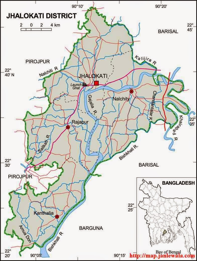 Jhalokati Zila Map, Barisal Division, Bangladesh
