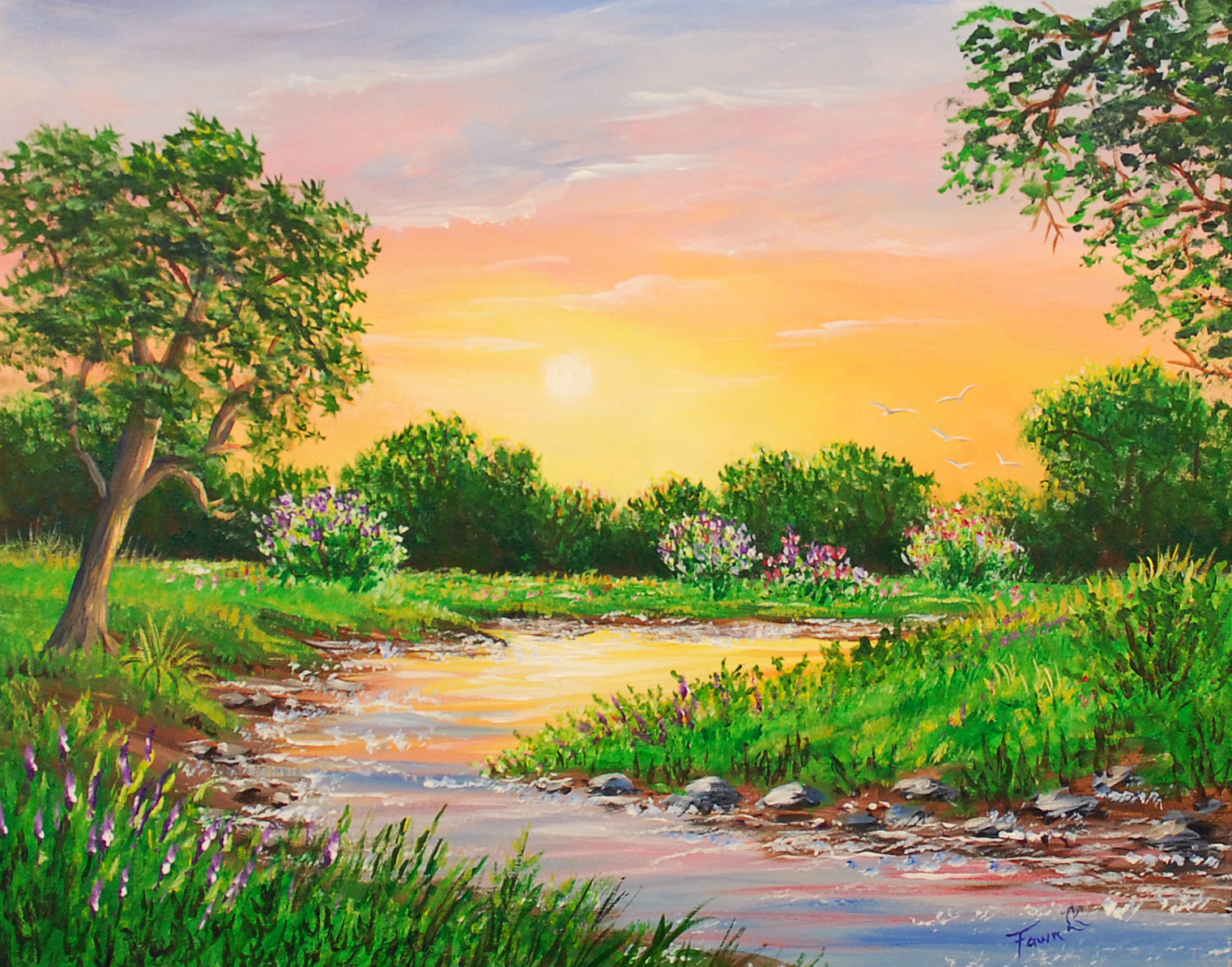 Fawn's Paintings: Sunset Stream, landscape, class demo
