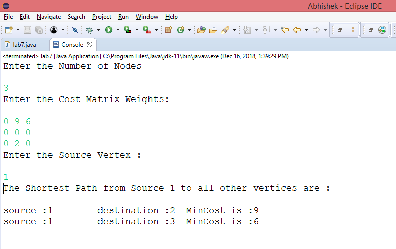 VTU CSE LABS: DAA 7 - DIJKSTRA'S ALGORITHM