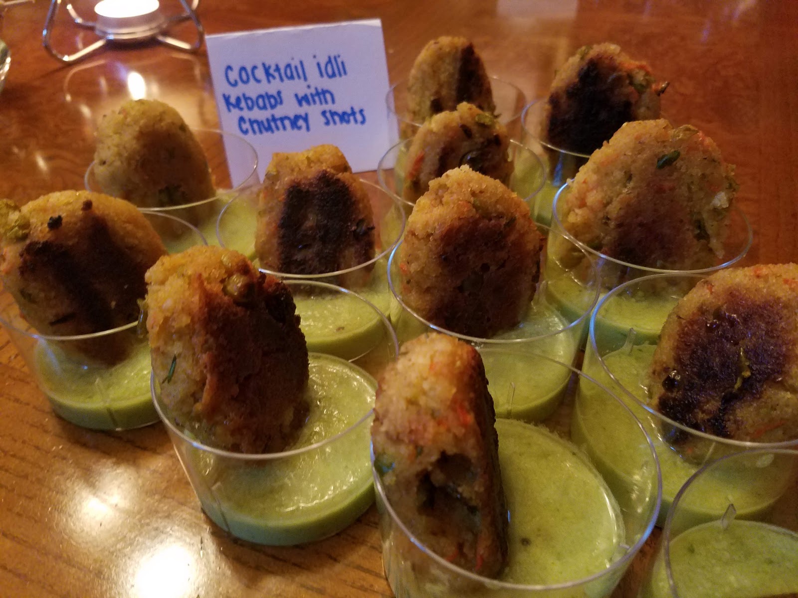 Cocktail idli kebabs with chutney shots