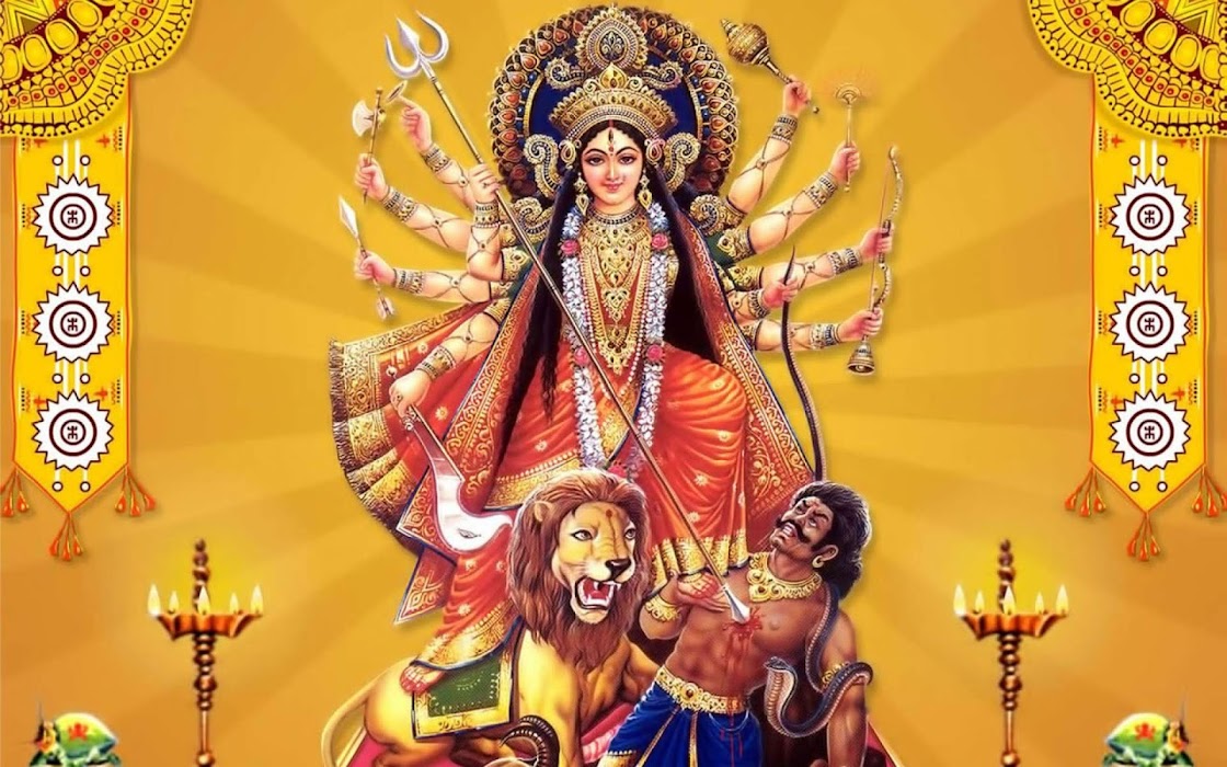Maa Durga Standing Images With 3D Backgrounds 1920x1080