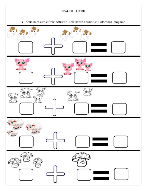 Planse de colorat si fise pentru copii: FISE de lucru cu ADUNARI pentru ...
