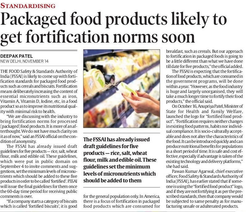 FOOD SAFETY LATEST: Standardising: Packaged food products likely to get ...