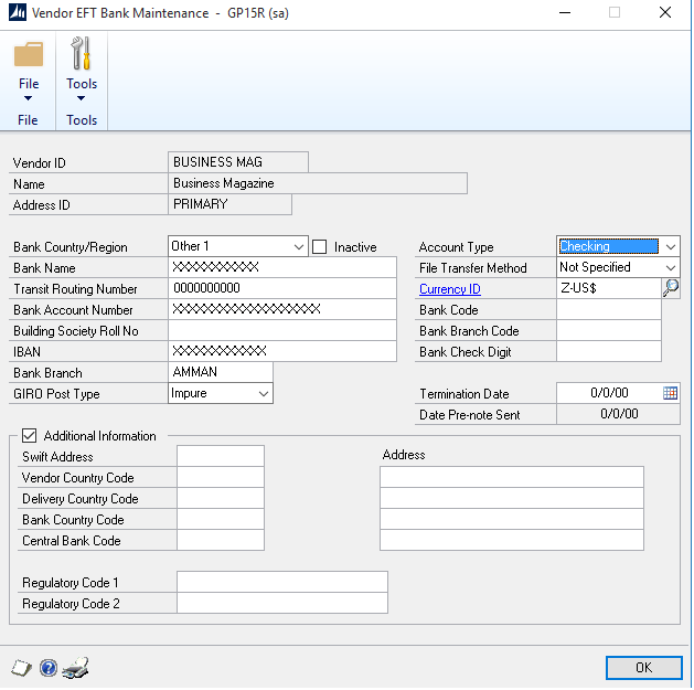 Dynamics GP Essentials: Vendor EFT Bank Details - SQL Script