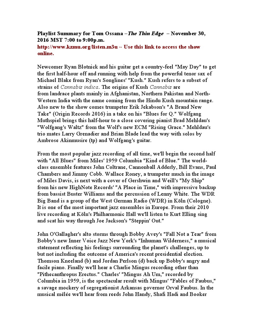 Republic of Jazz: Playlist for Tom Ossana / Dane Brewer – The Thin Edge ...