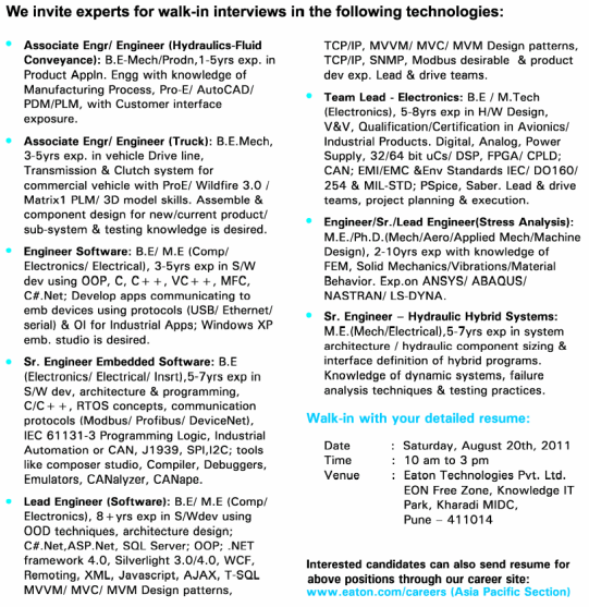 EATON Walk-in for IT & Engg. Professionals on 20th August, 2011 ~ JOB ...