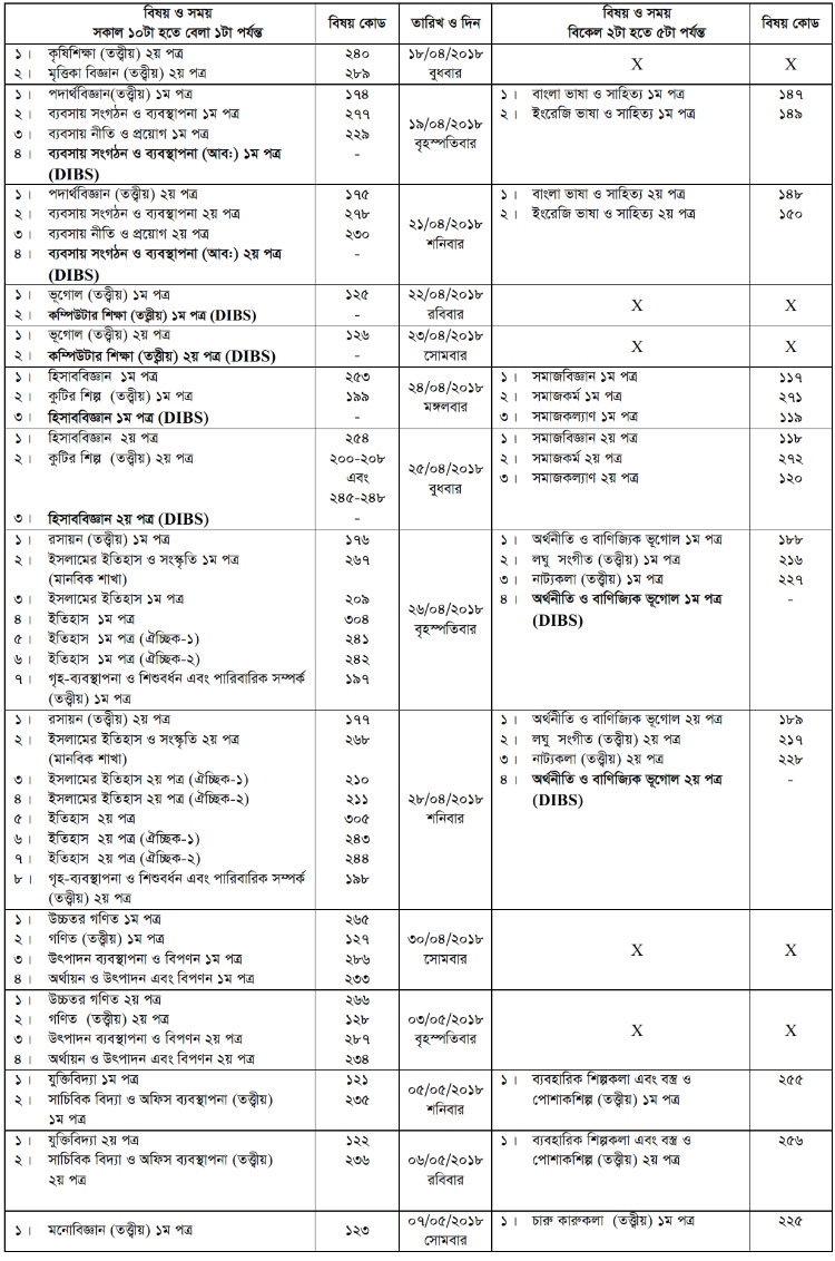 HSC Routine 2018 Dhaka Bangladesh Education Board - NUCLEUS ONLINE SCHOOL