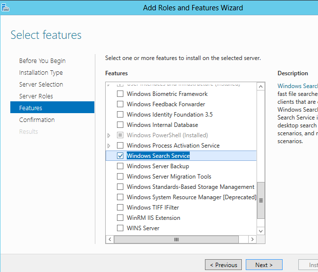 Windows Server 2012 - Windows Desktop Search is not available