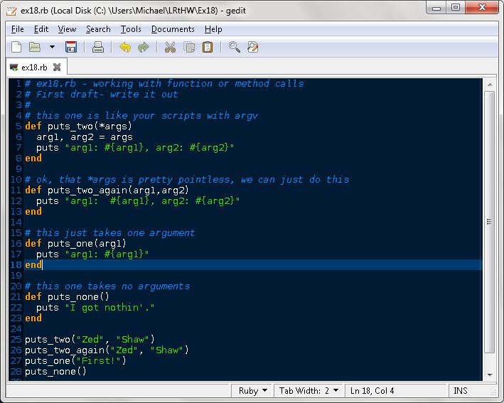 Testhead Exercise 18 Names Variables Code Functions Learn Ruby The Hard Way Practicum