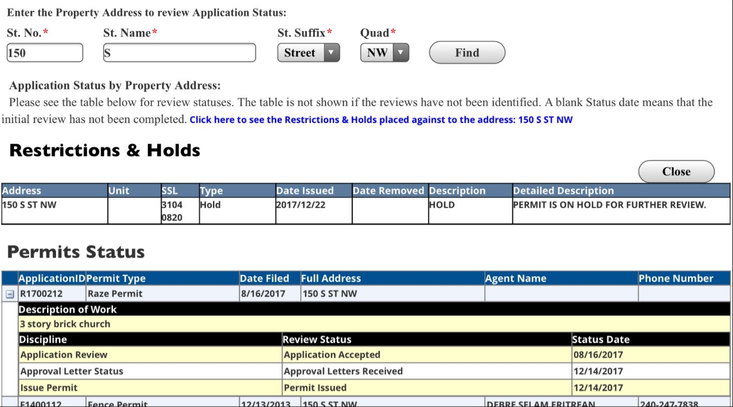 bloomingdale: hold placed on the raze permit for 150 S Street NW, as a ...