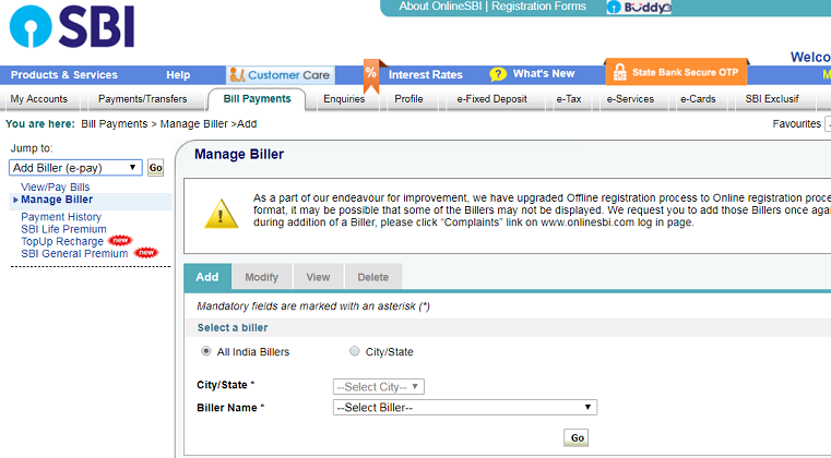 Pay your Bills using SBI e-PAY service / Internet Banking