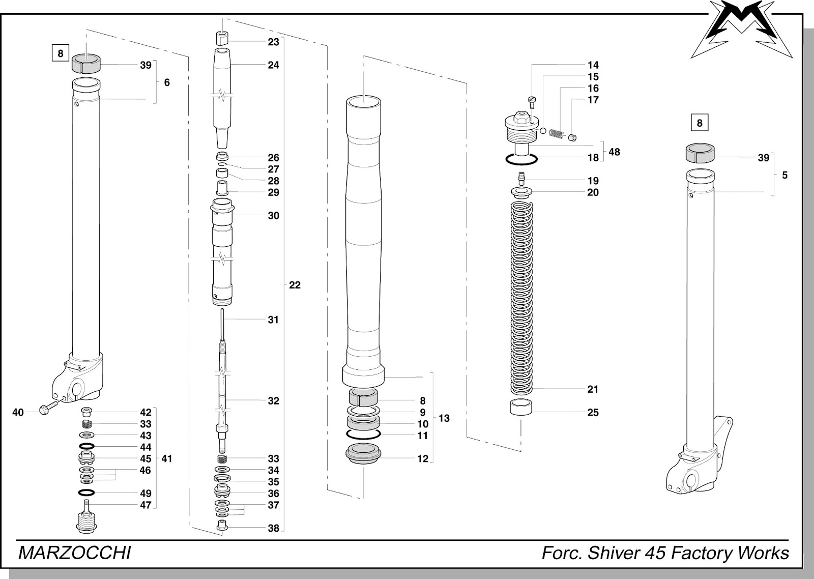 Marzocchi moto spares: Exploded diagrams: after market forks