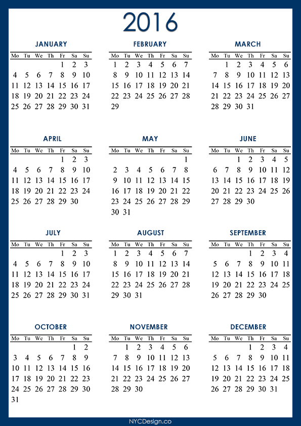 New York Web Design Studio, New York, NY: 2016 Calendar Printable - A4 ...