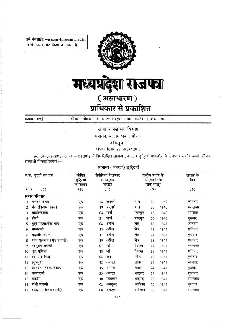 MP GOVT HOLIDAY 2019 | मध्यप्रदेश 2019 के शासकीय अवकाश | राजपत्र ...