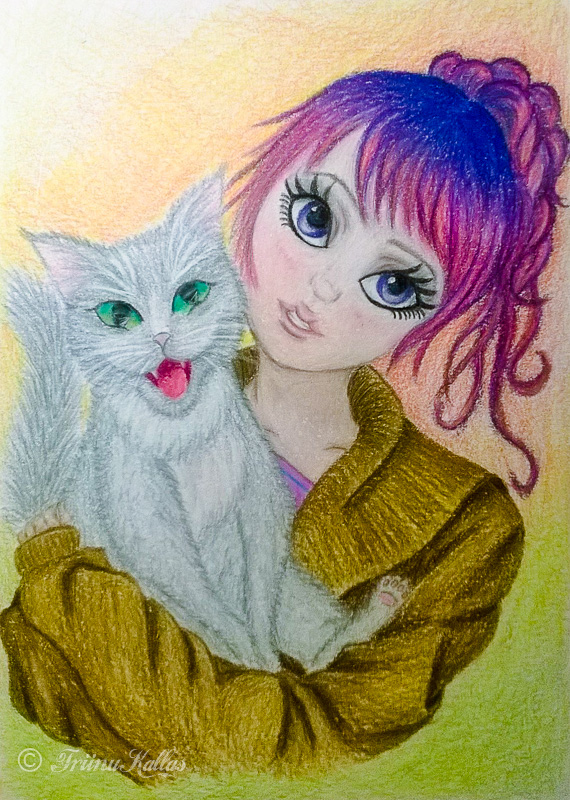 Triinu K . joonistused: Portreed - Tüdruk ja kass