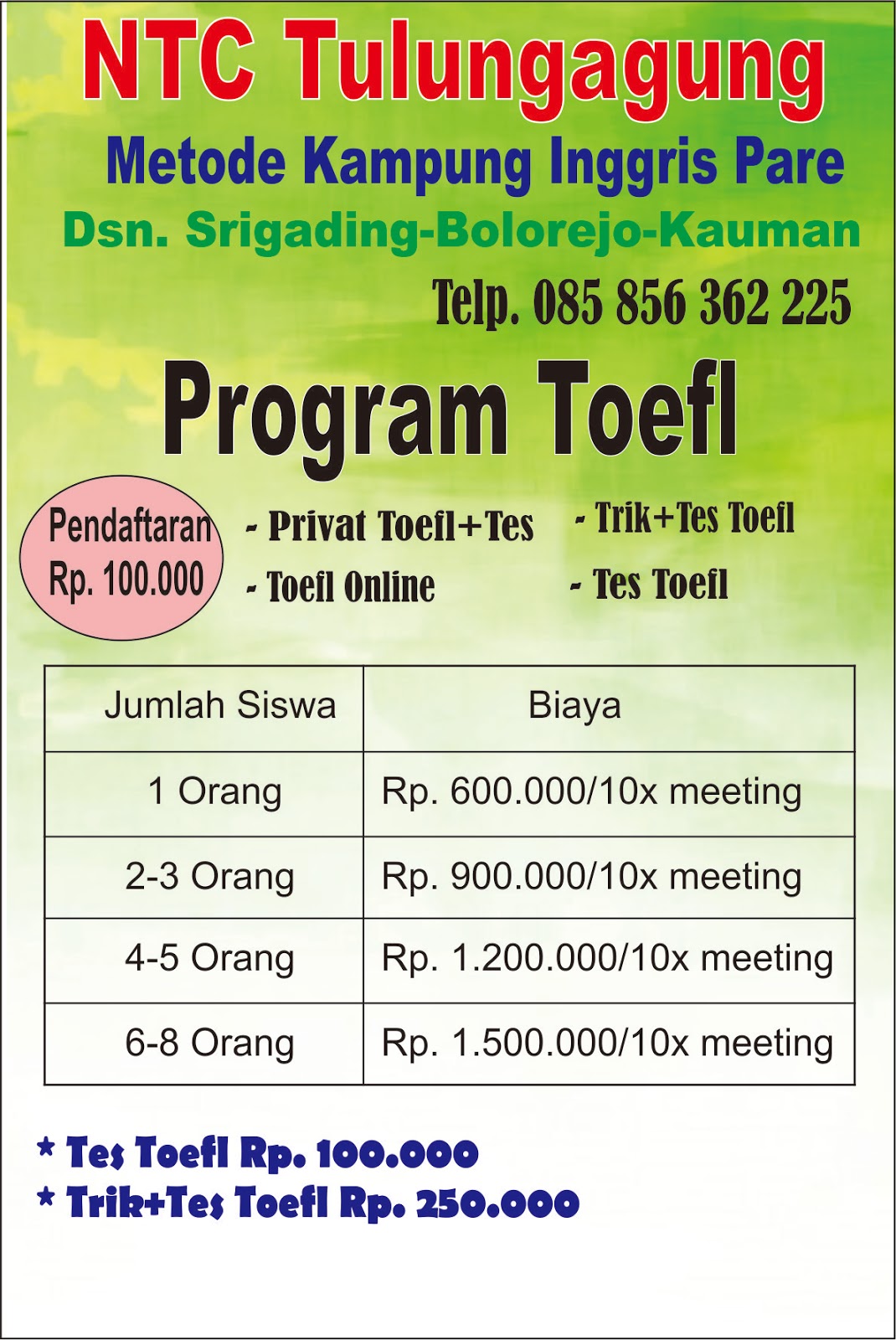 TES TOEFL KOLEKTIF TULUNGAGUNG, TRENGGALEK, KEDIRI | 085 856 362 225 ...