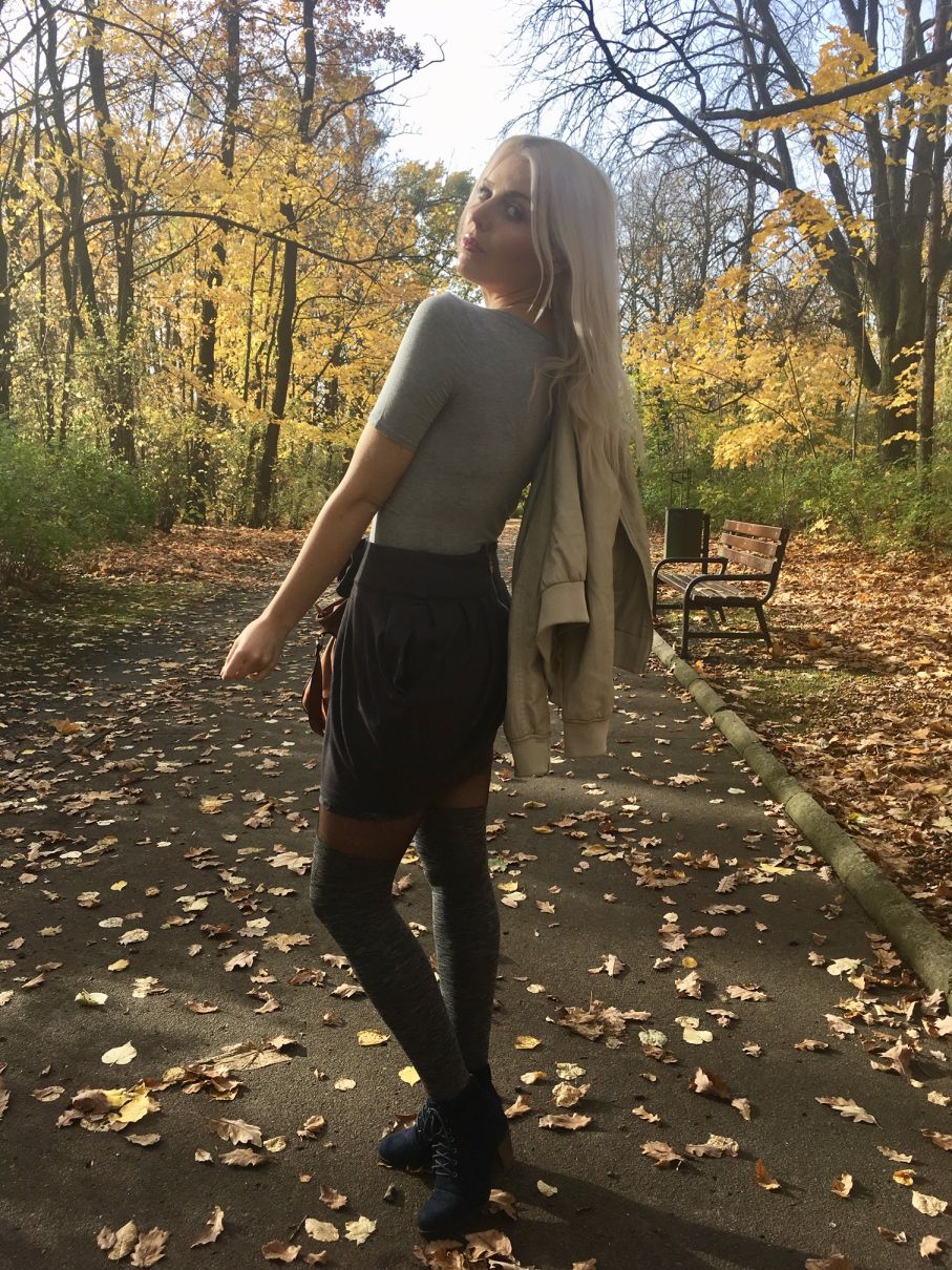 Stylish Blonde: TULIP skirt, grey bodysuit with interesting cleavage ...