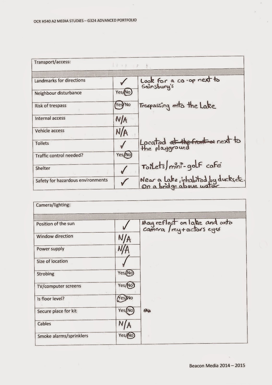 A2 Media Studies H540 Unit G324 Advanced Portfolio: Location Recce ...