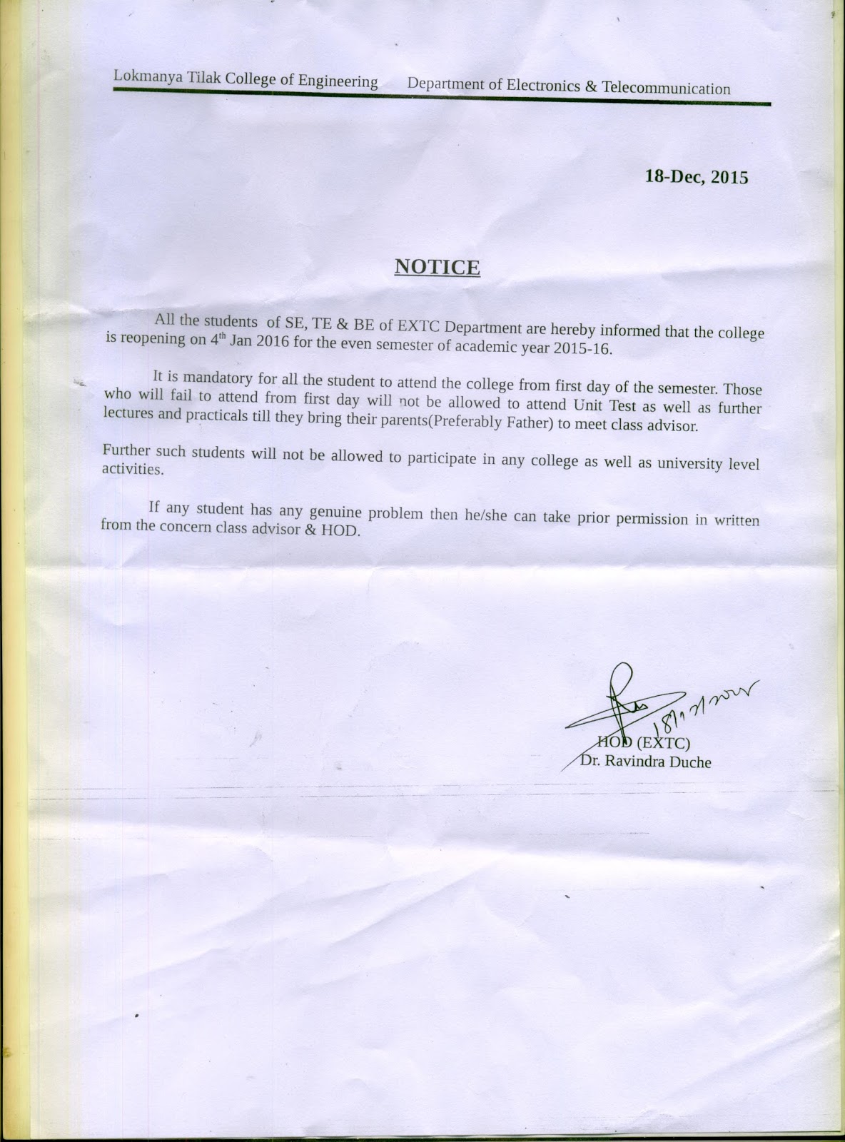 EXTC Department: Notice Regarding College Re-Opening