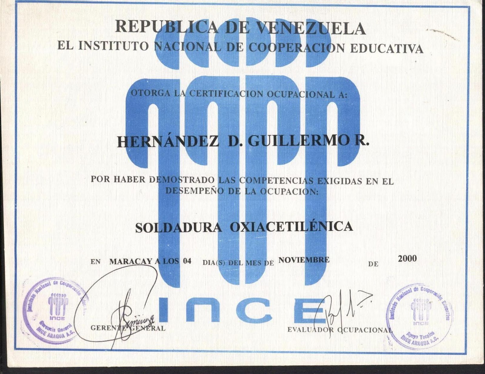 Guillermo Rafael Hernández Díaz: CERTIFICADOS DEL INCE
