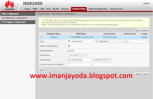 Cara Setting Port Forwarding di Huawei HG8245H