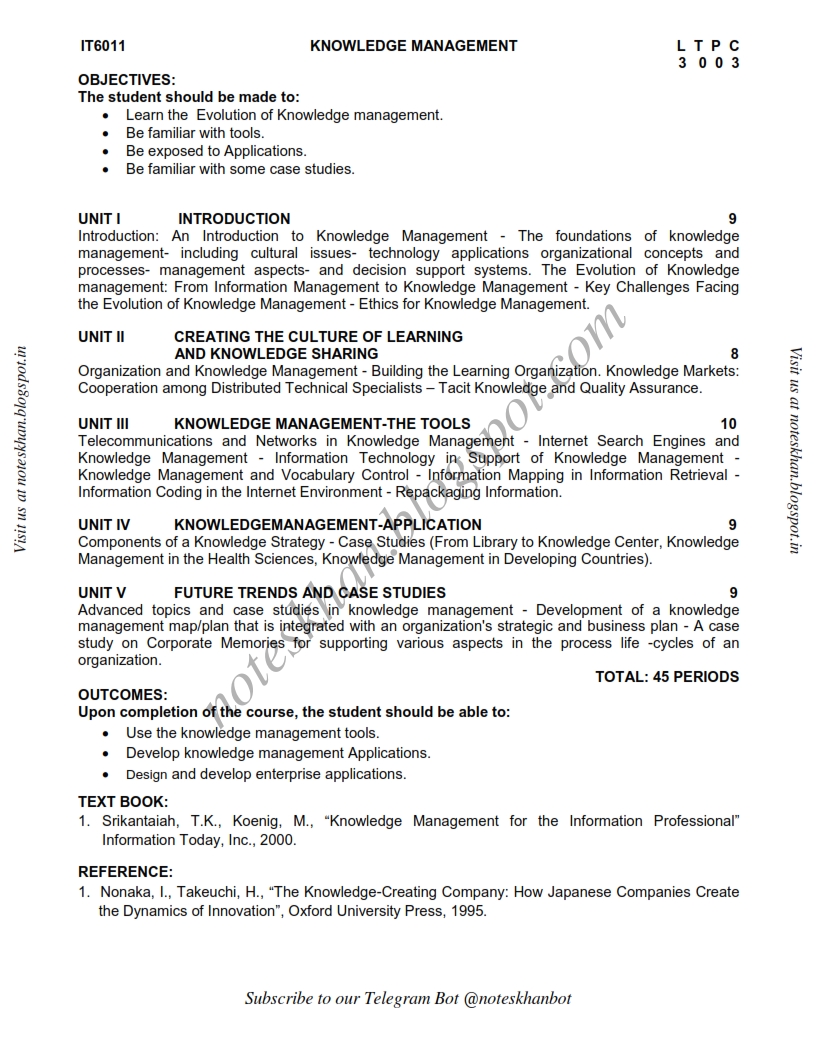 IT6011 Knowledge Management Syllabus Semester VIII Elective IT BTECH ...