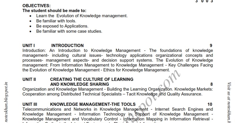 IT6011 Knowledge Management Syllabus Semester VIII Elective IT BTECH ...