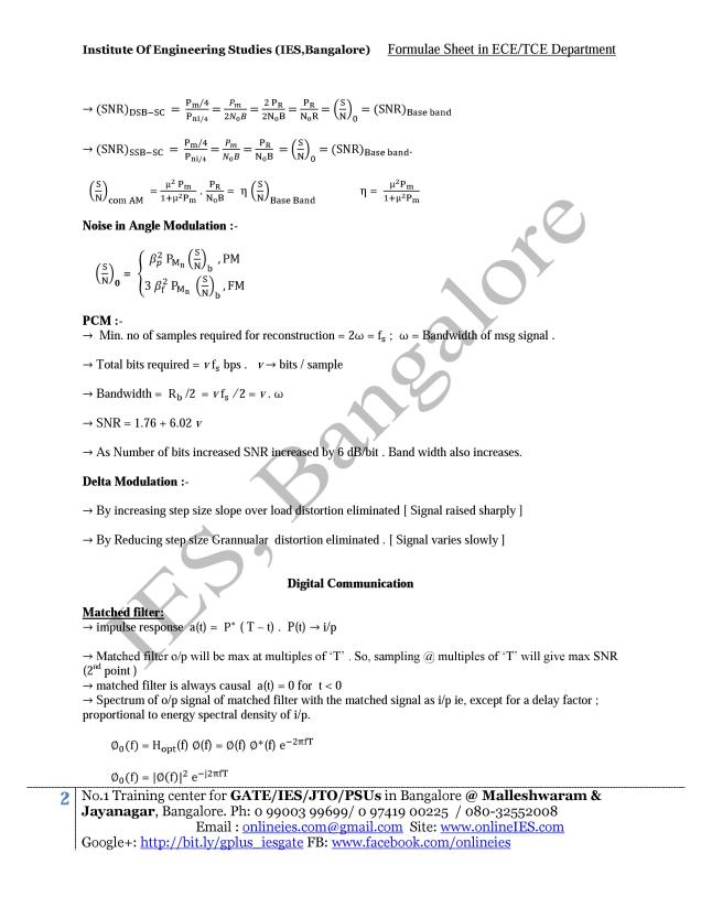 Formula Sheets- Communication Systems - Gateway of Engineering
