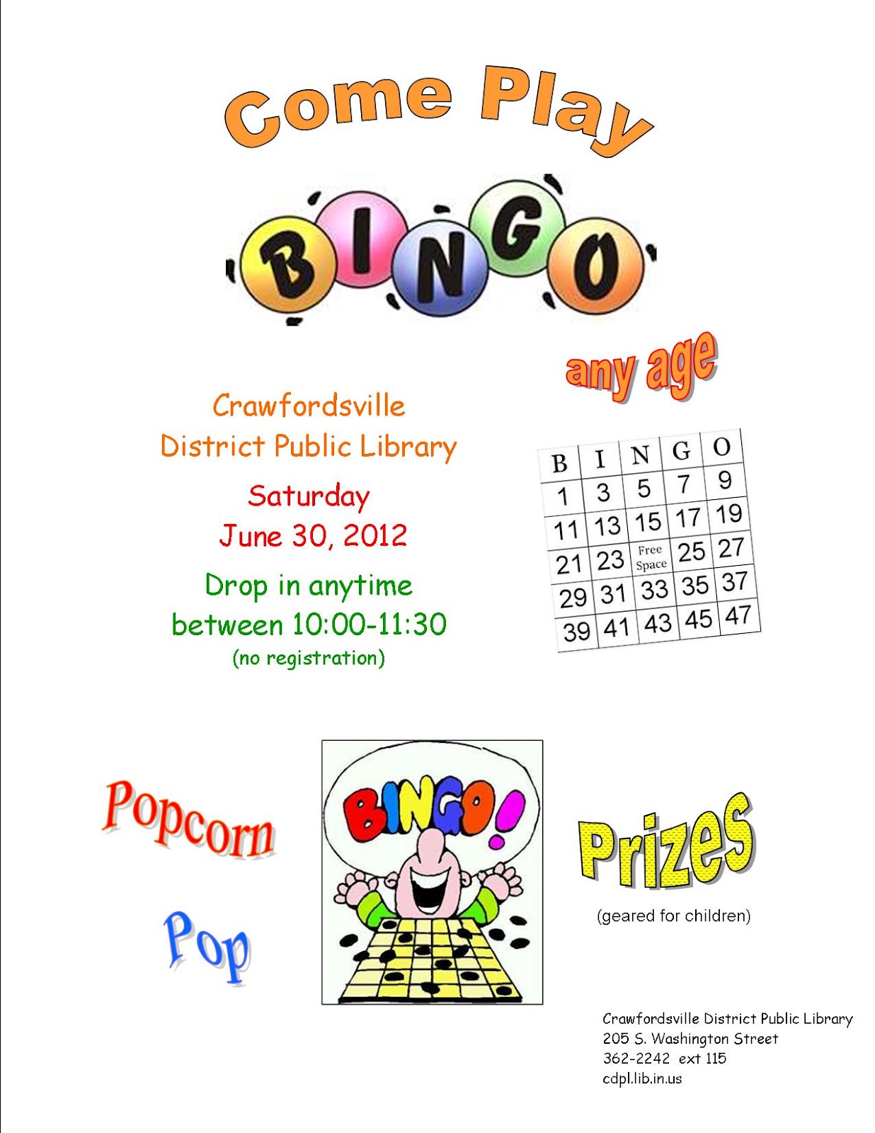 CDPL Children's Services: Bingo at the Library in the Youth Services Area